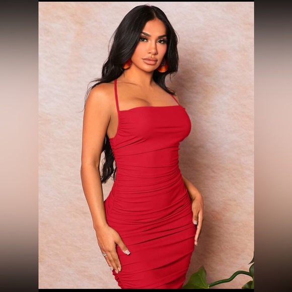 SHEIN | Dresses | New Solid Ruched Bodycon Dress Red | Poshmark